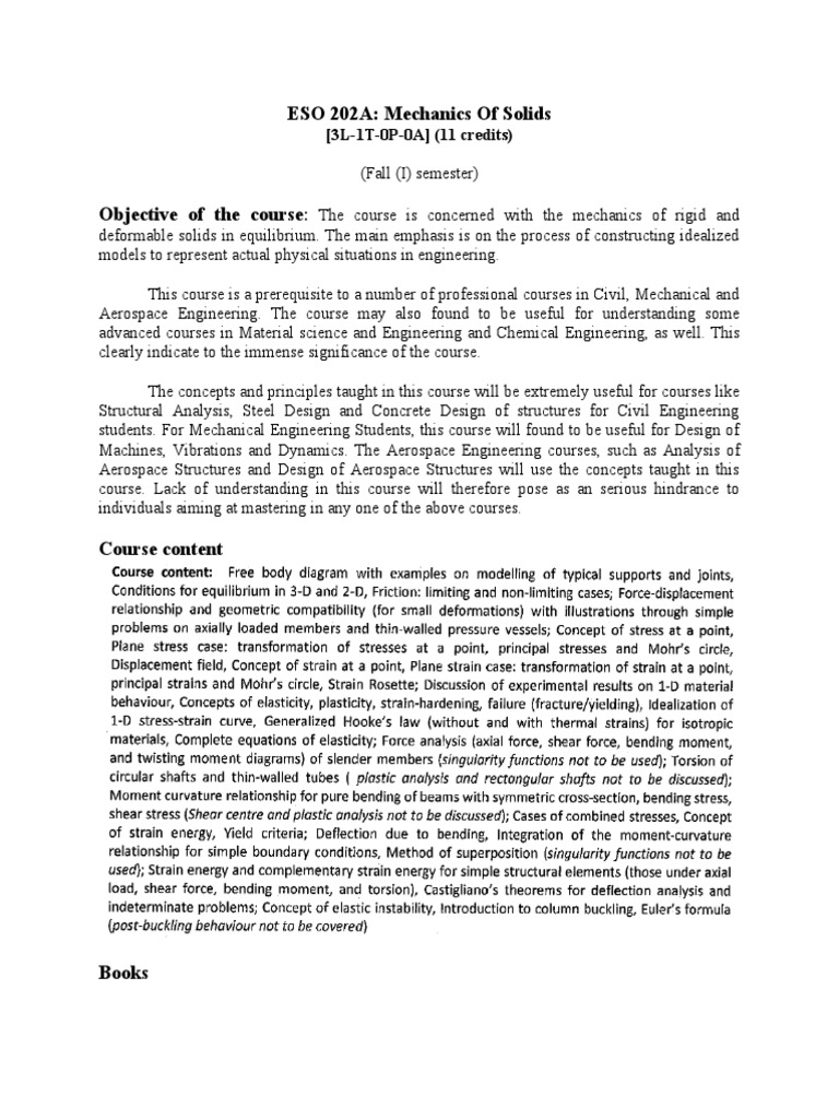ESO 202 Course Outline | PDF | Engineering | Mechanical Engineering