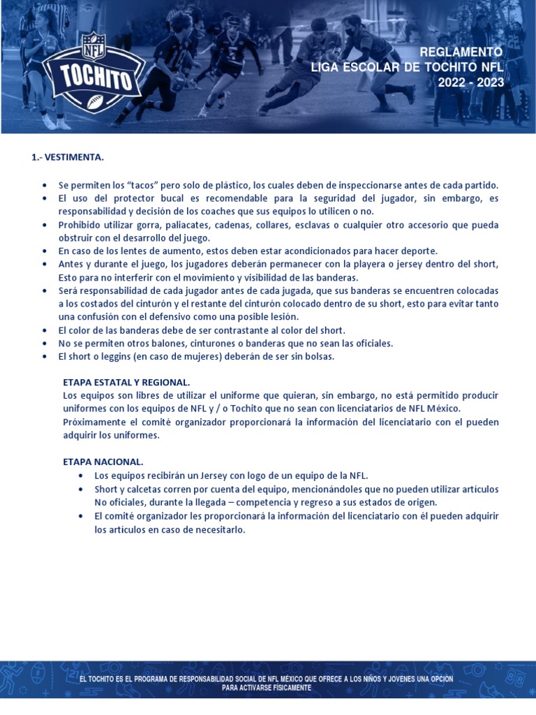 Reglamento de Juego Liga Escolar Tochito NFL 2022-2023 | PDF | Reglas ...