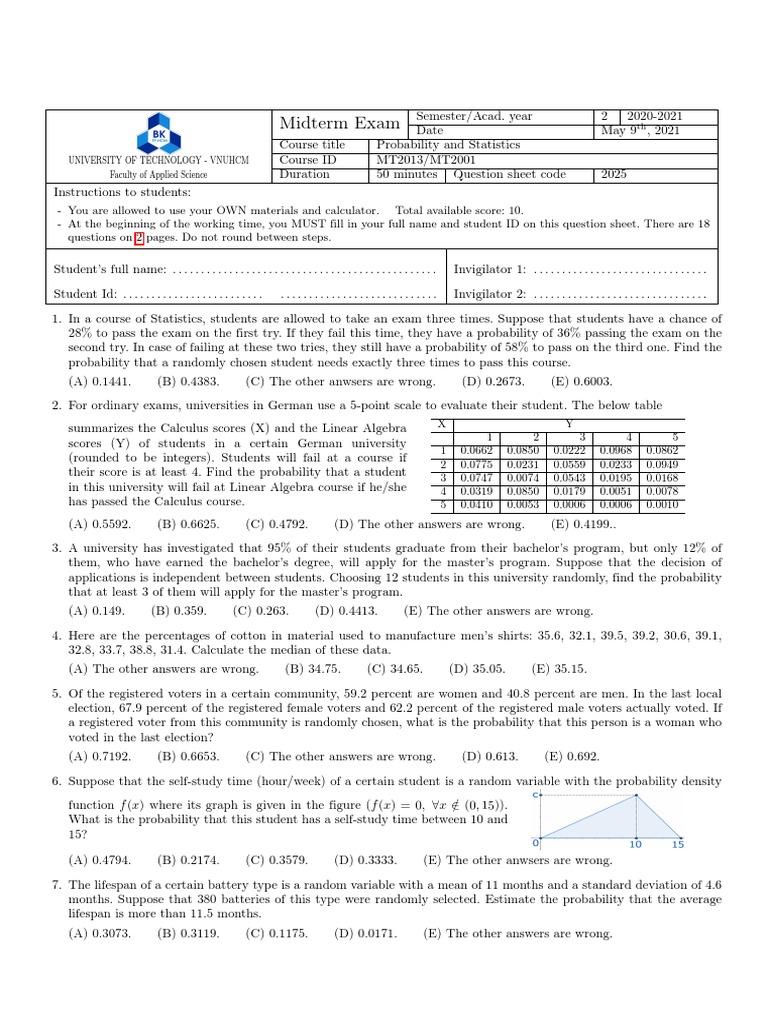 Midterm Exam: Probability & Statistics | PDF | Normal Distribution | Standard Deviation