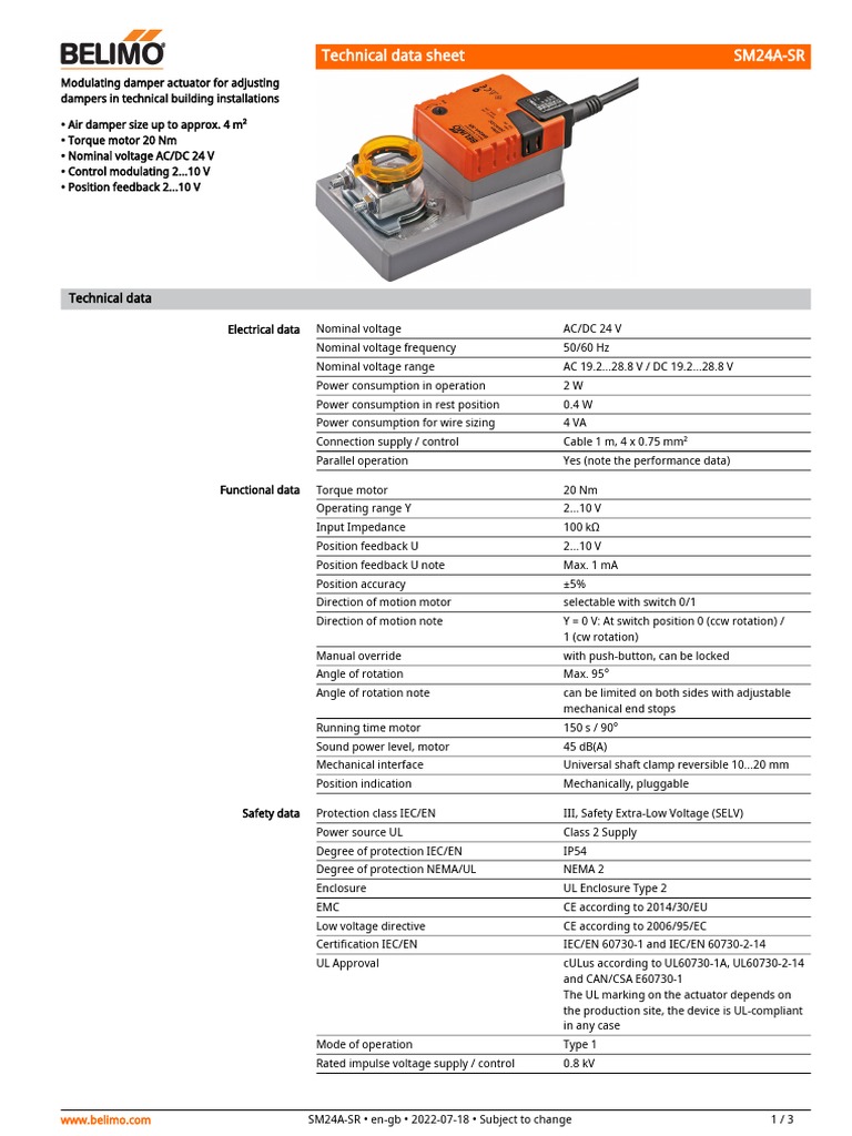 Belimo SM24A-SR Datasheet En-Gb | PDF | Switch | Electric Motor