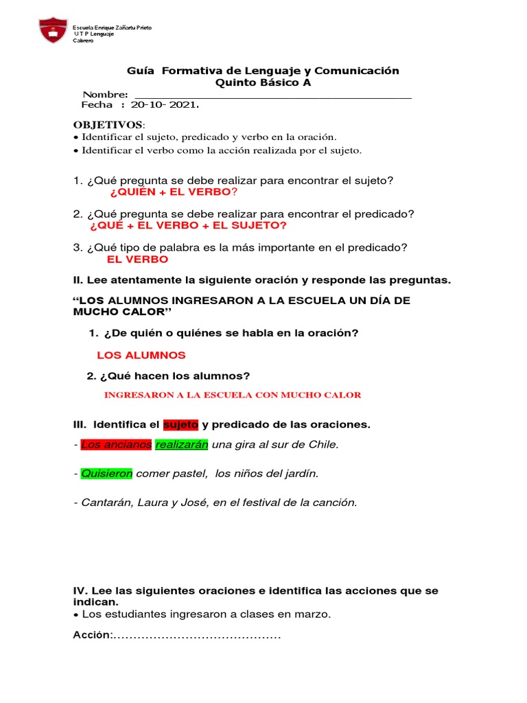 Guías de Sujeto y Predicado 5ºbásico | PDF | Predicado (Gramática ...