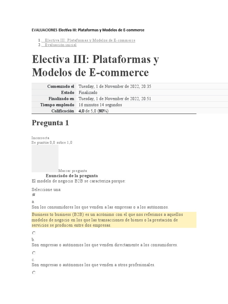 EVALUACIONES Electiva III Plataformas y Modelos de E-Commerce | PDF | Comercio electrónico ...