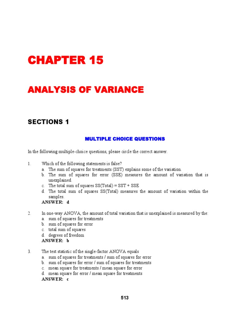 ANOVA Multiple Choice Questions | PDF | Analysis Of Variance | F Test