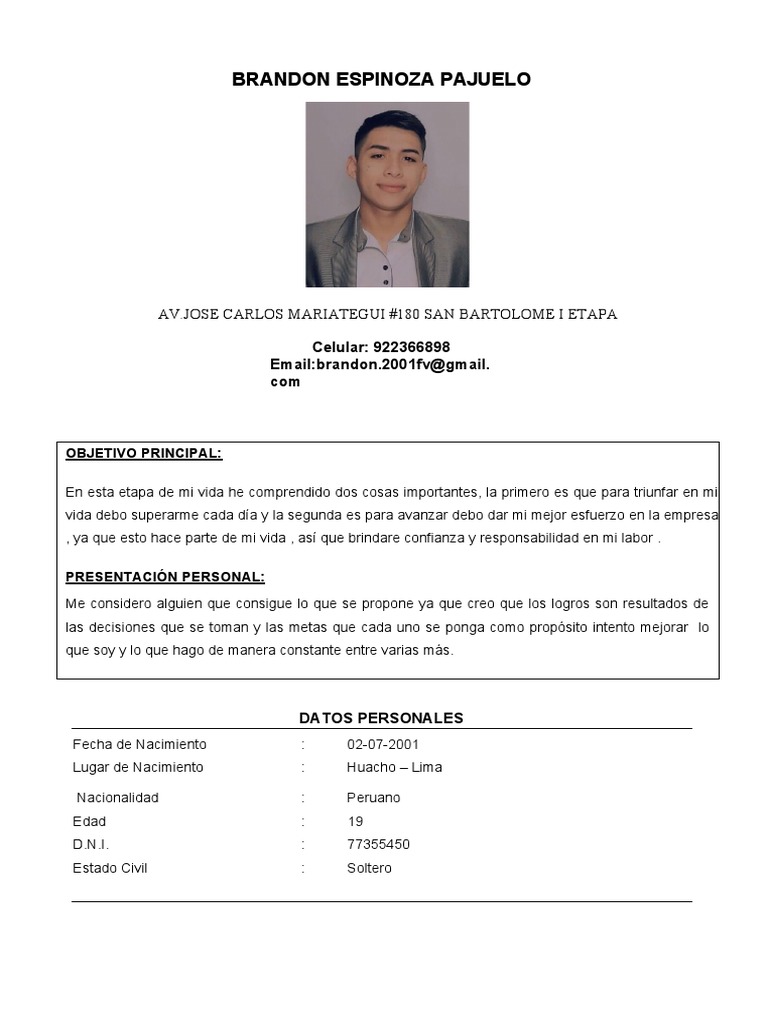 CV de Brandon Espinoza, 19 años | PDF | Perú