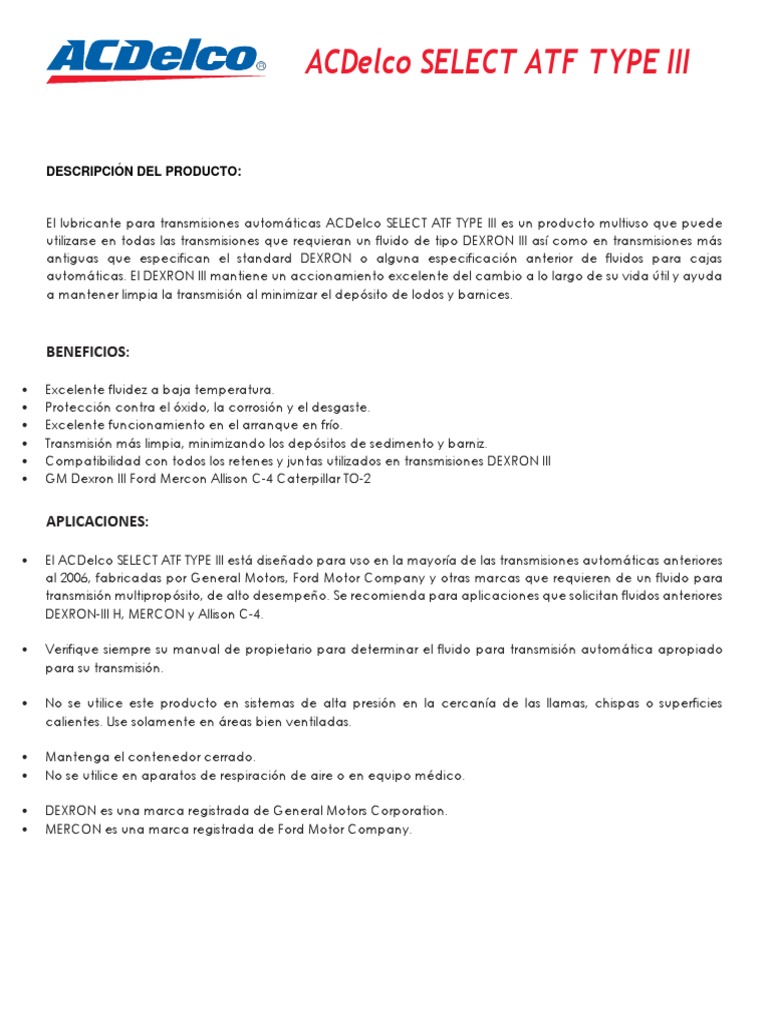 ACDelco ATF Type III para Transmisiones | PDF | Motores generales ...