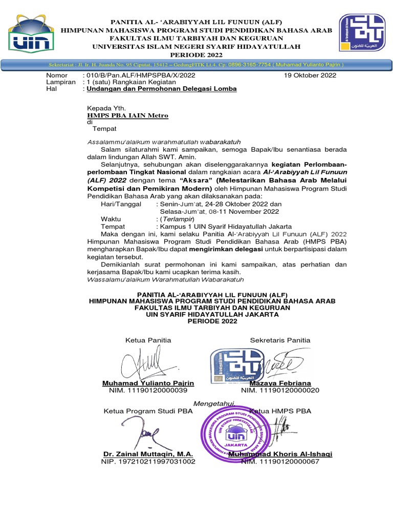 010 Surat Permohonan Delegasi HMPS PBA IAIN Metro | PDF