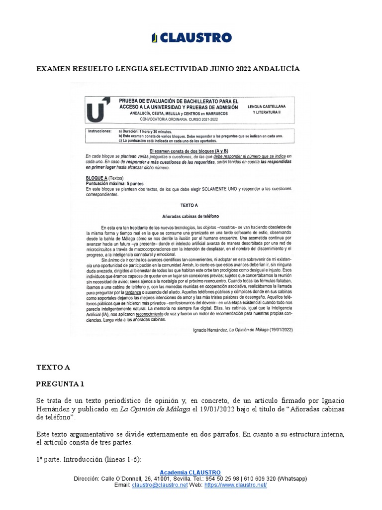 Examen Resuelto Lengua Literatura II Texto A Selectividad Junio 2022 ...