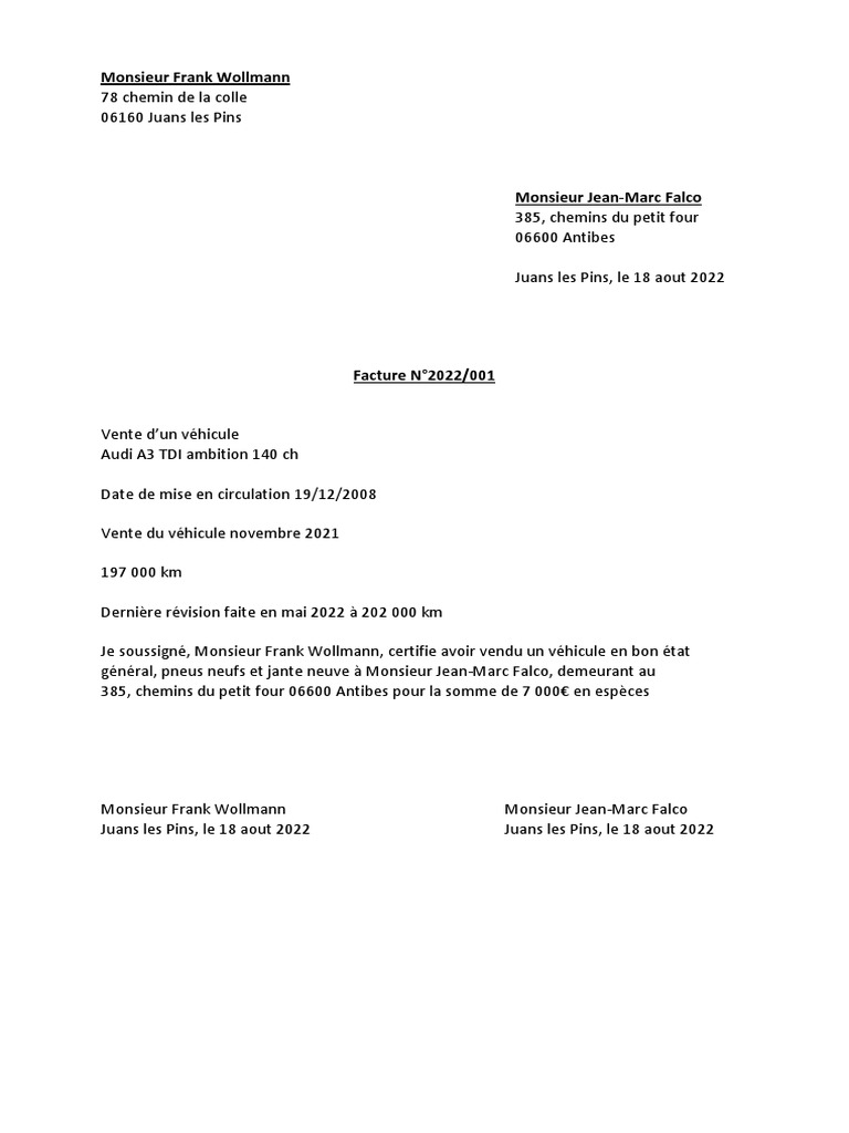 Facture de vente Audi A3 2022 | PDF