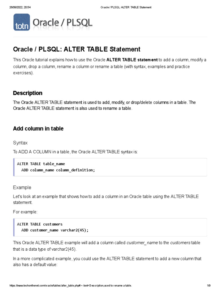 Oracle - PLSQL - ALTER TABLE Statement | PDF | Pl/Sql | Table (Database)