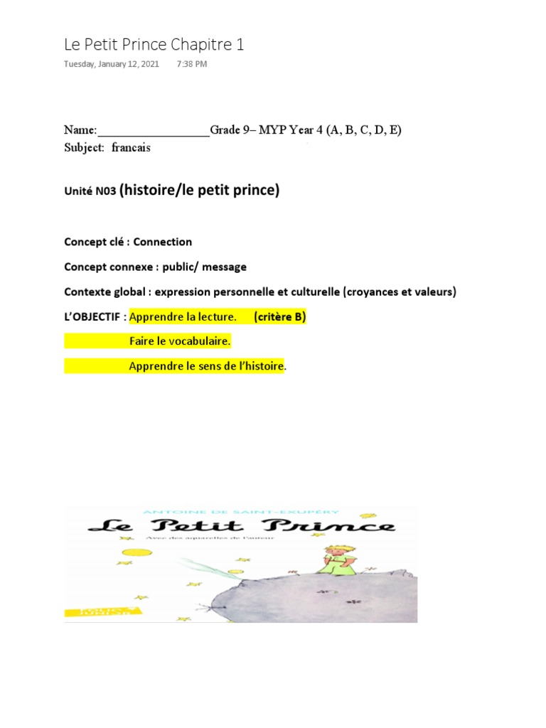 Le Petit Prince Chapitre 1 | PDF