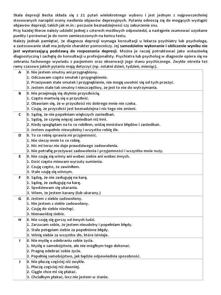 Skala Depresji Becka | PDF