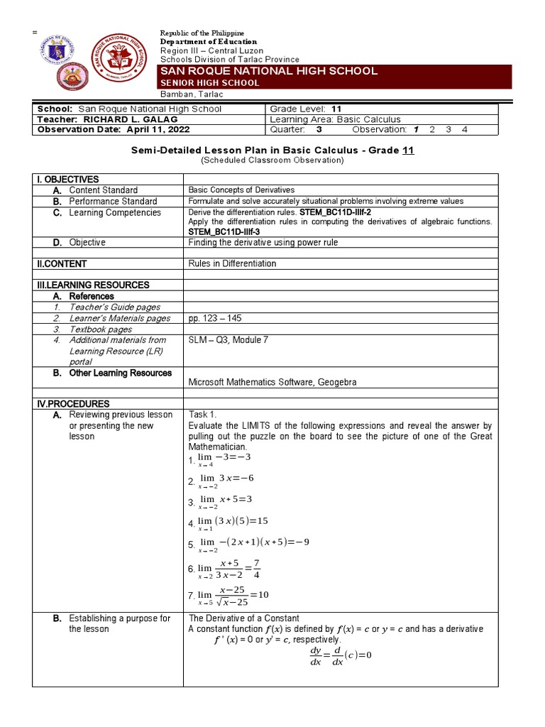 Grade 11 Basic Calculus Lesson Plan | PDF | Derivative | Function (Mathematics)