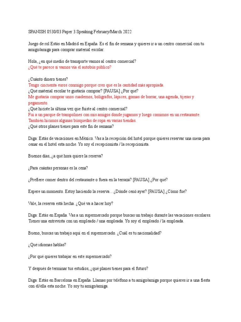 SPANISH 0530 - 03 Paper 3 Speaking February - March 2022 | PDF