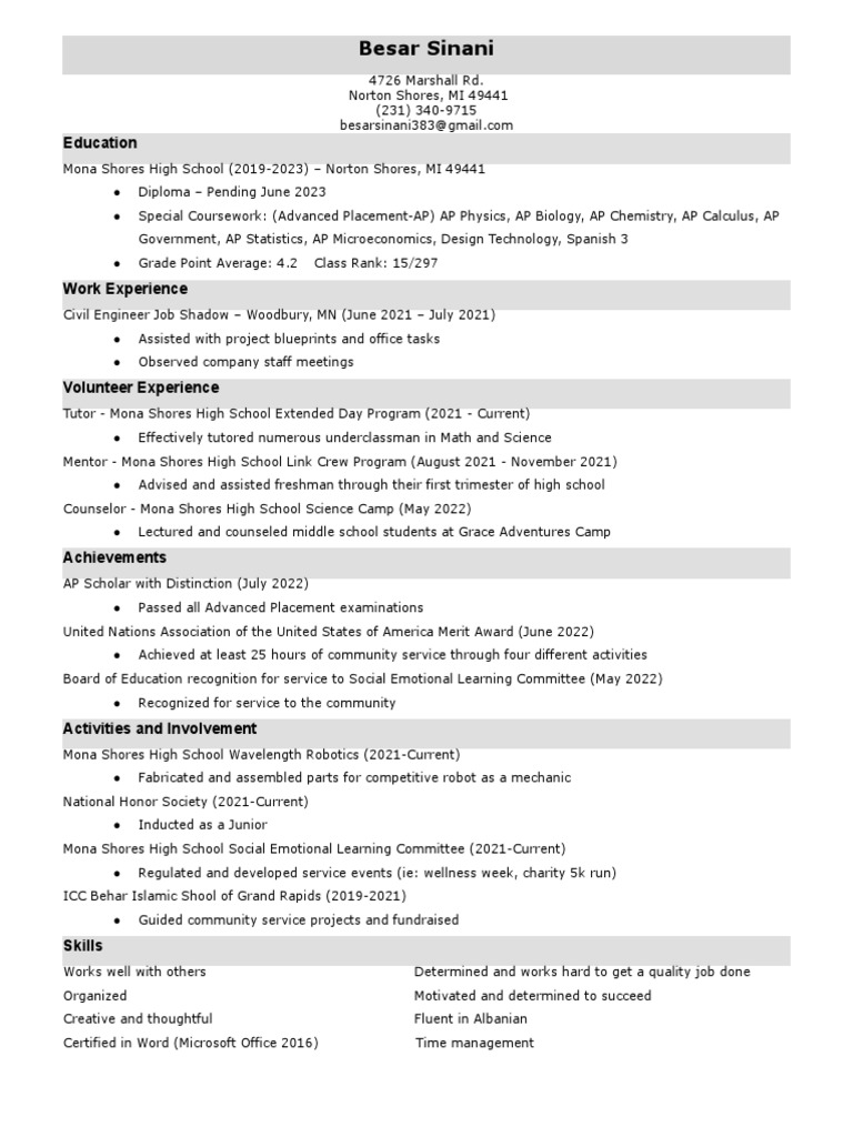 Besar Sinani Resume | PDF | Advanced Placement | Learning