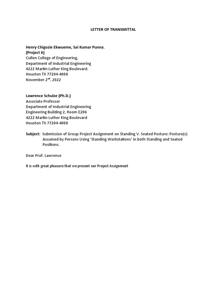 Letter of Transmittal For Project Assignment | PDF | Science ...