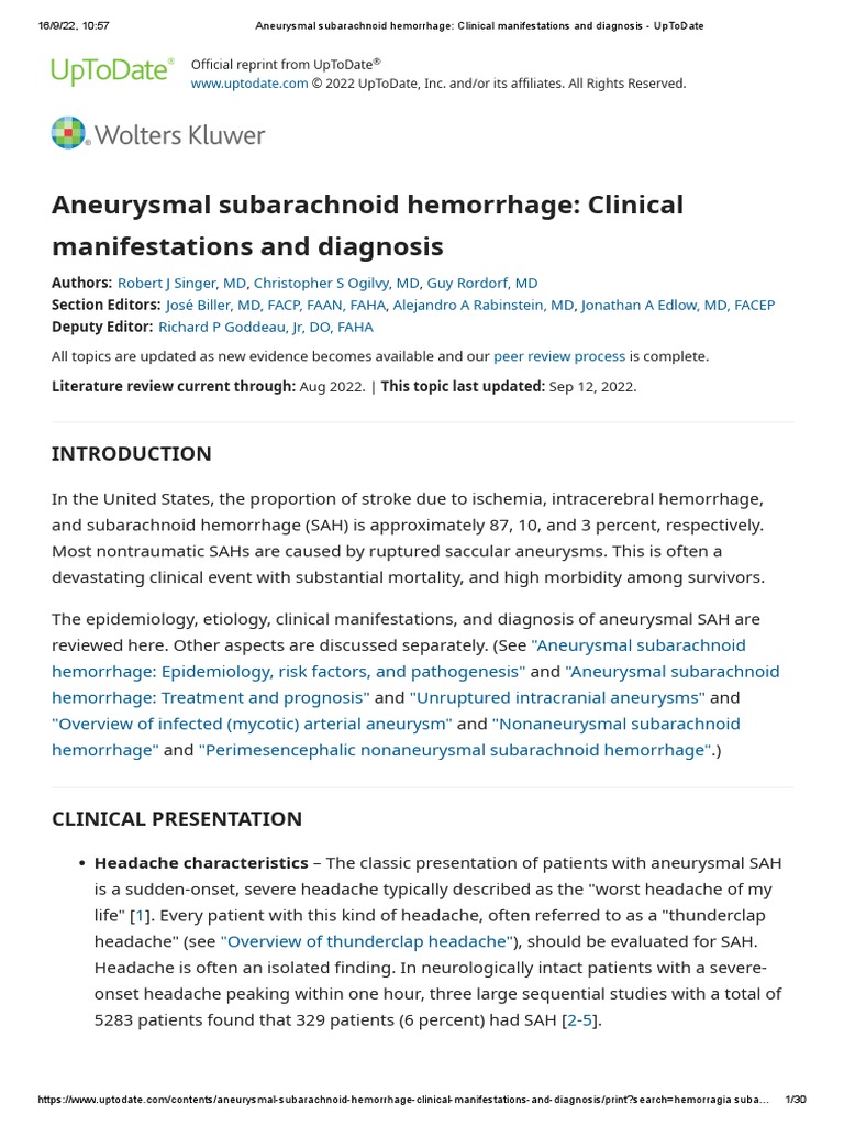 Aneurysmal Subarachnoid Hemorrhage - Clinical Manifestations and Diagnosis - UpToDate | PDF ...