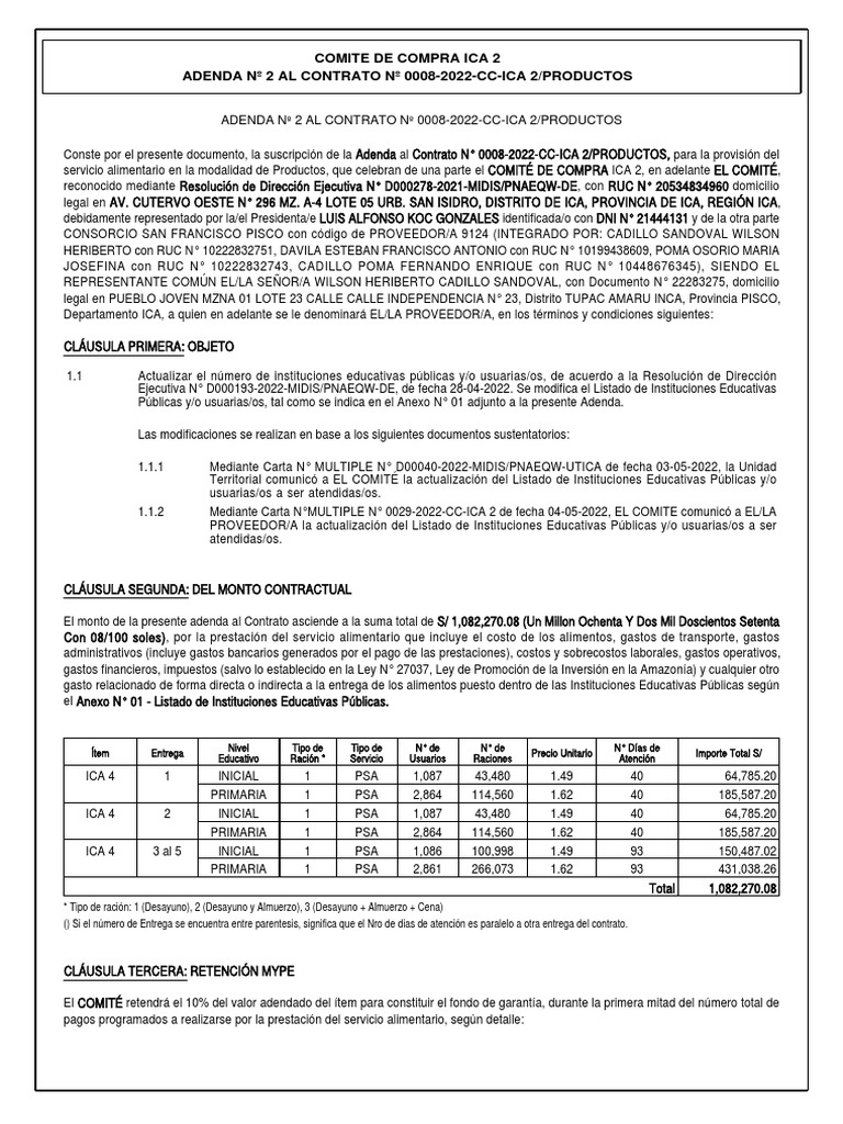 (ITEM ICA 4) - ADENDA 2 Al CONTRATO #8 (F) (F) | PDF | Comida y bebida