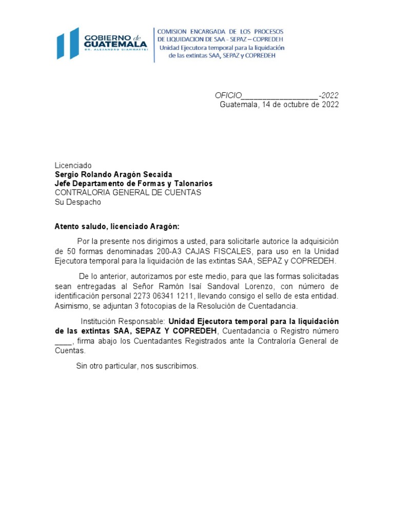 Oficio Solicitar Formas 200-A3 Caja Fiscal. | PDF