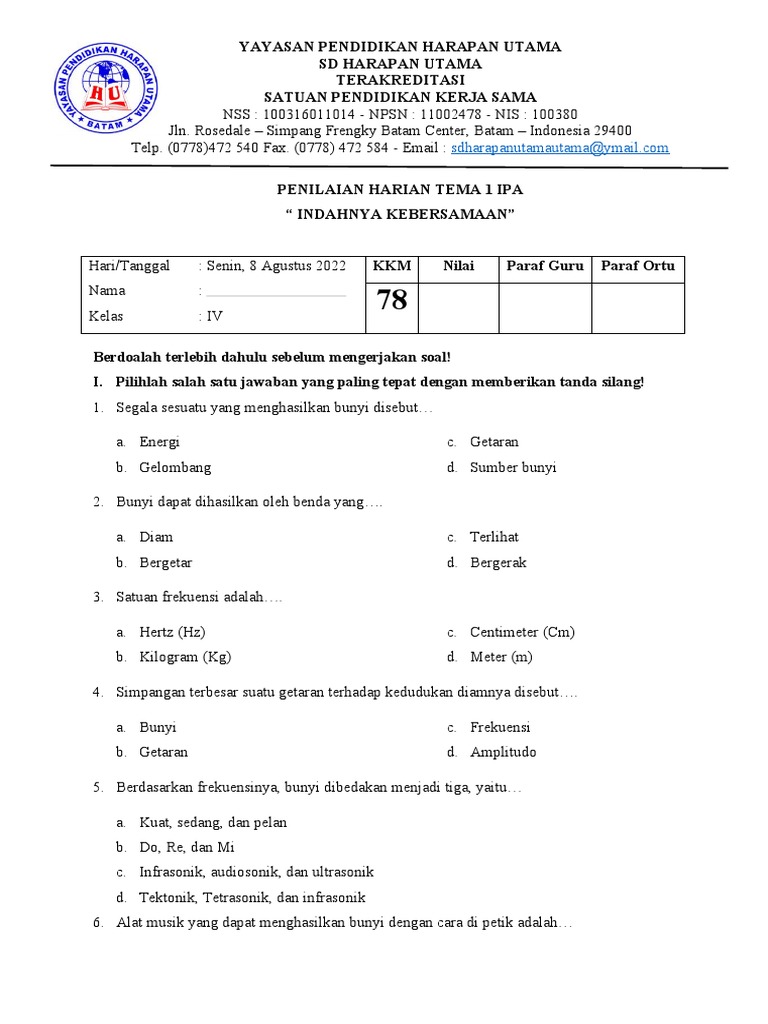 Penilaian Harian Tema IPA Kelas IV | PDF | Seni