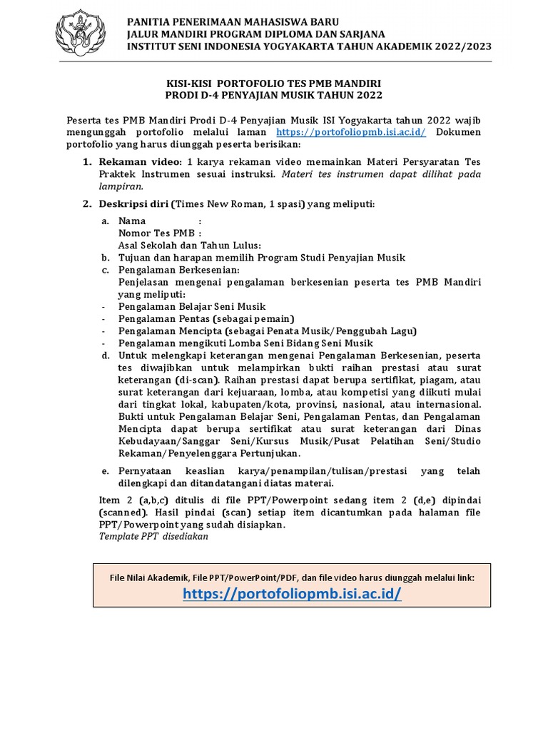 Instruksi Kerja Penyusunan Portofolio Penyajian Musik 2022 | PDF