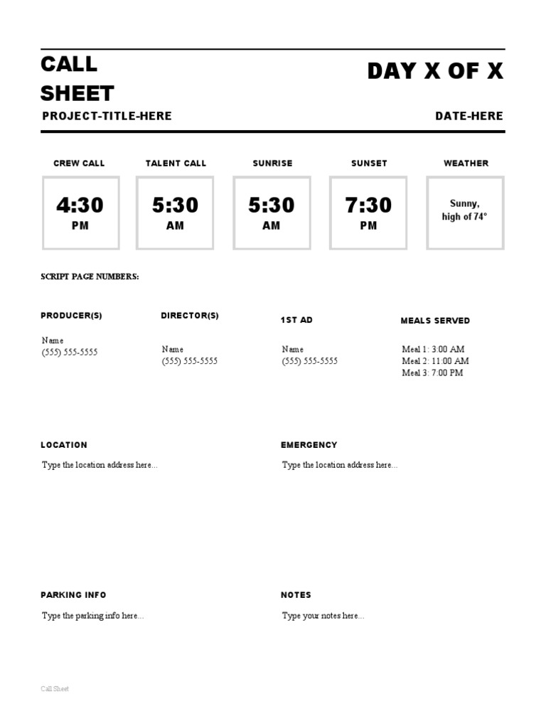 Call Sheet Template 7 | PDF