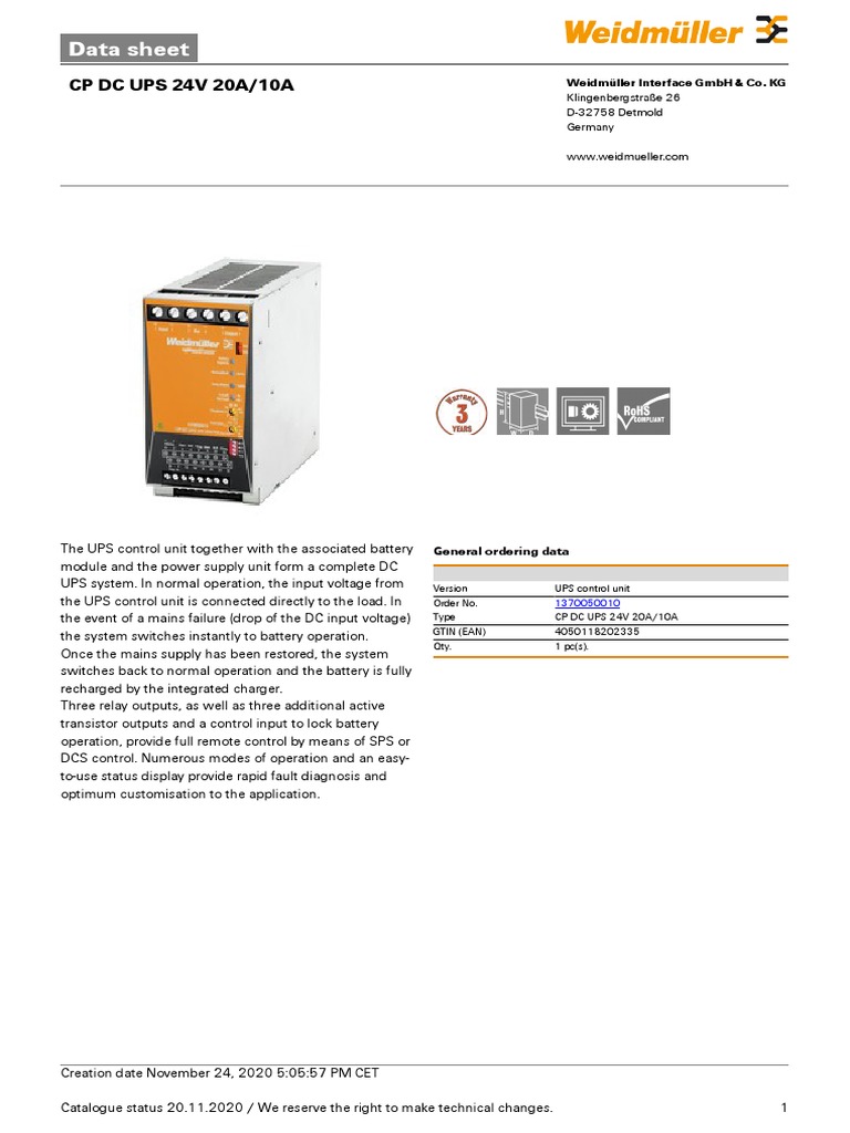 Data Sheet: CP DC UPS 24V 20A/10A | PDF | Power Supply | Switch