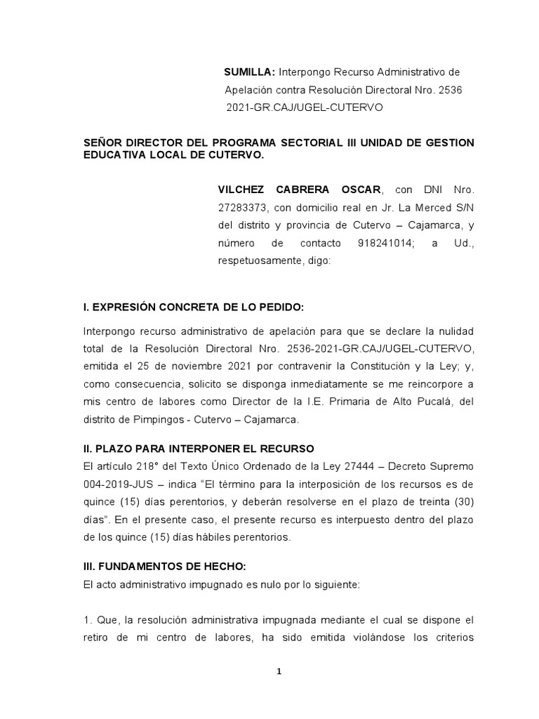 Modelo de Recurso Administrativo de Apelacion Contra Resolucion ... Modelo de Recurso Administrativo de Apelacion Contra Resolucion ...