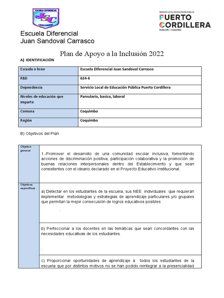 Plan de Inclusion Escuela Juan Sandoval Carrasco 2022 | PDF ...