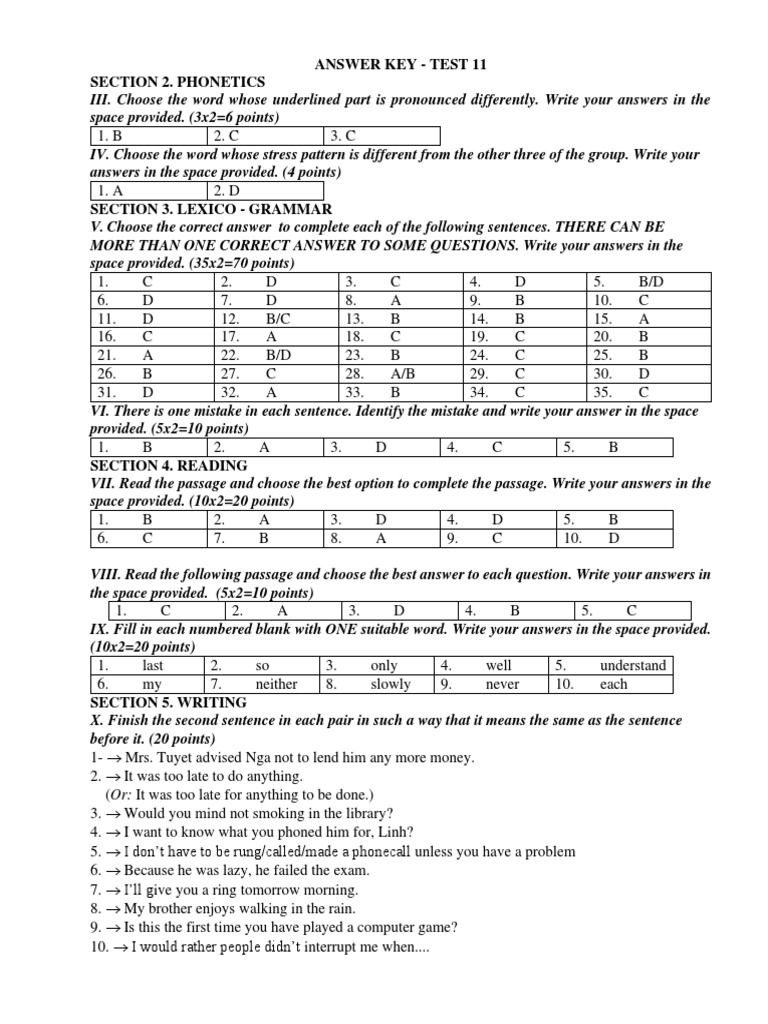 Answer Key Test 11-15 | PDF | English Language | Stress (Linguistics)