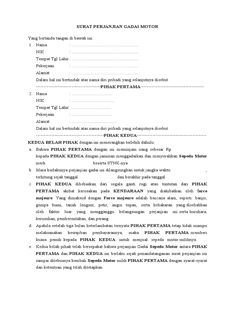 Surat Perjanjian Gadai Motor | PDF