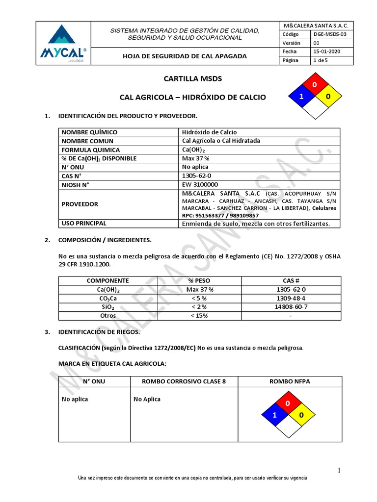 DGE-MSDS-03 Hoja MSDS Cal Agricola Ver 00 | PDF | Agua | Fertilizante