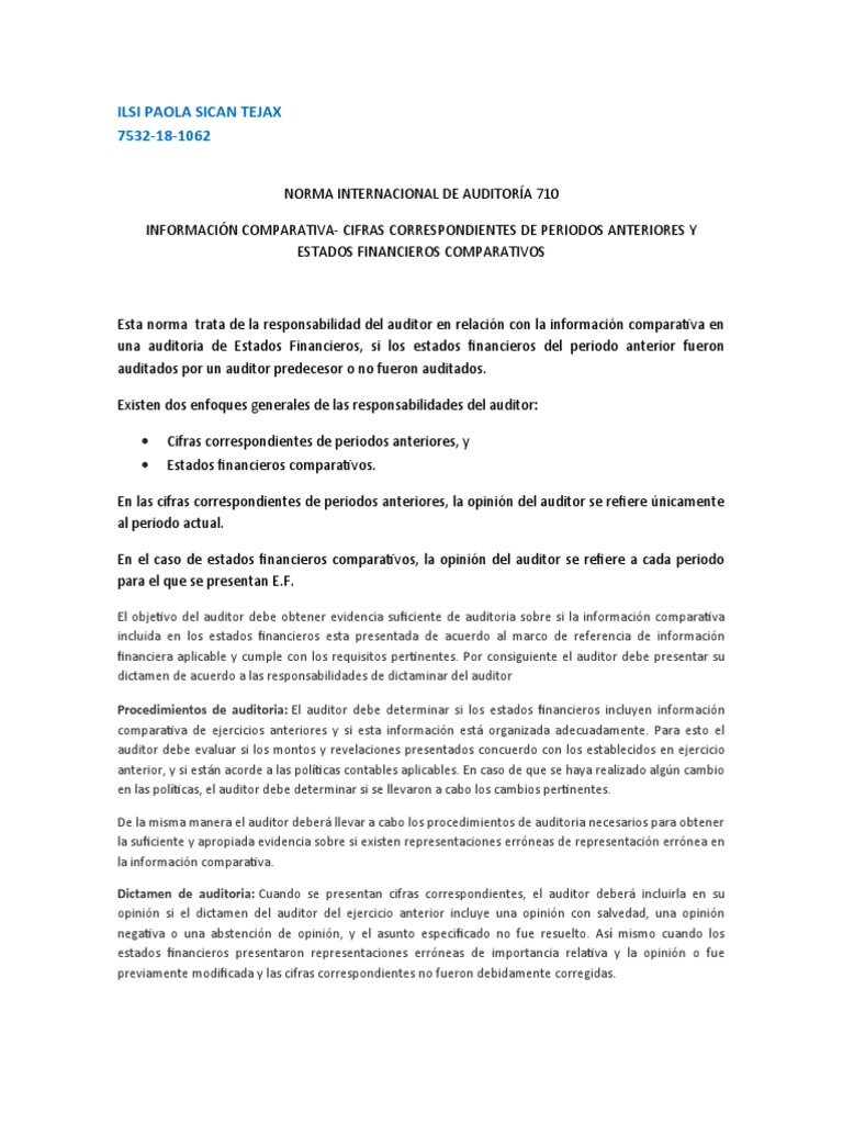 Nia 710 | PDF | Auditoría | Contralor
