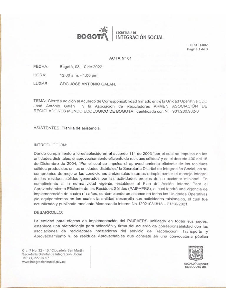 Acta de Adicion Acuero de Corresponsabilidad N.1 | PDF