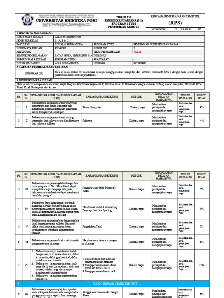 RPS Aplikasi Komputer - Ajar - PSD61202 | PDF