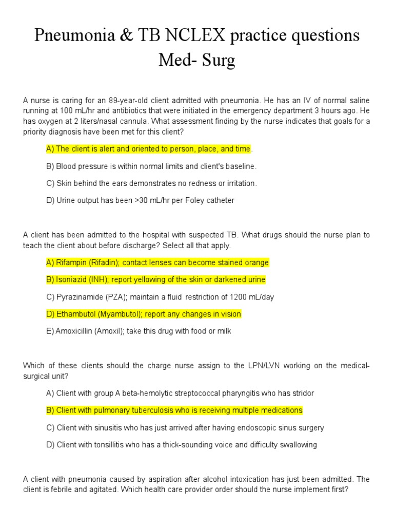 Pneumonia & TB NCLEX Practice Questions Med Surg | PDF | Pneumonia | Tuberculosis