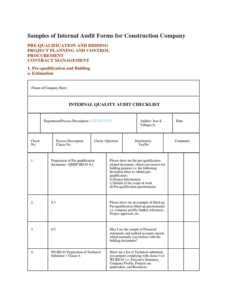 Samples of Internal Audit Forms For Construction Company | PDF | Audit ...
