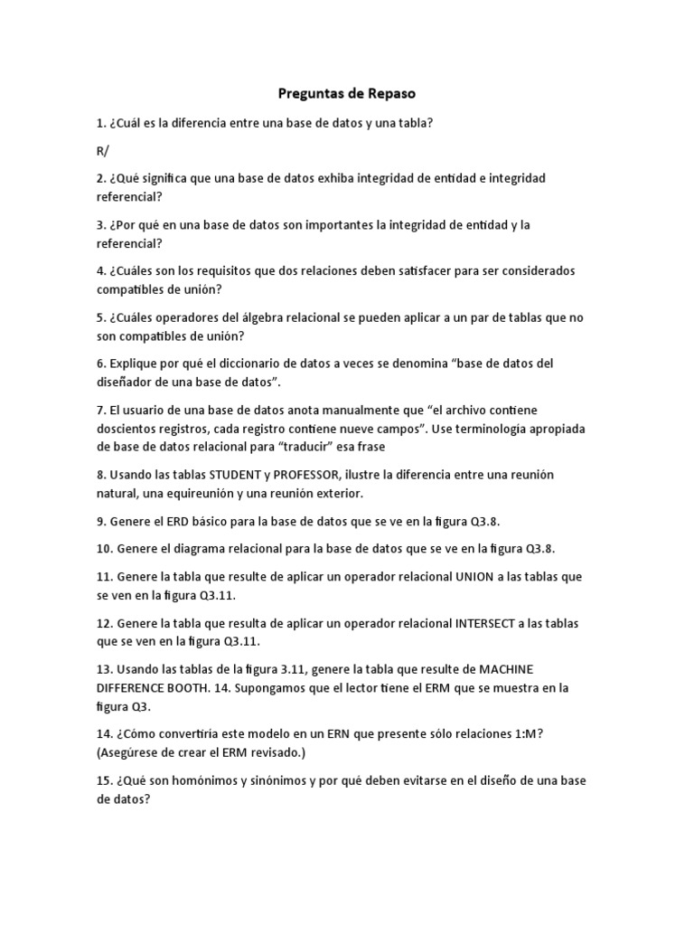 Preguntas de Repaso | PDF | Bases de datos | Base de datos relacional