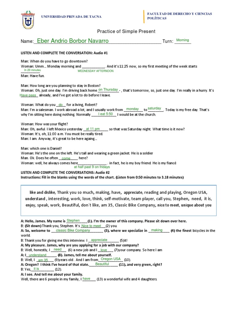 Conversations Simple Present - Work | PDF