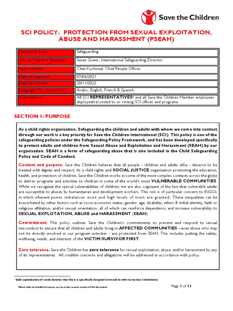SCI Policy on Sexual Exploitation and Abuse | PDF | Sexual Harassment ...