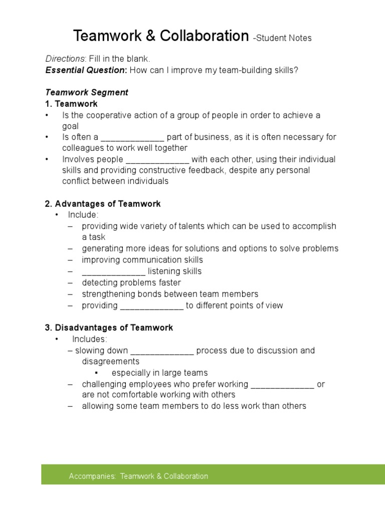 Teamwork and Collaboration Student Notes | PDF | Leadership | Cognition