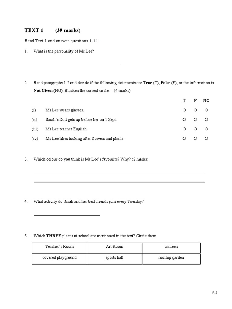1920 S1 T1 Revision Paper (Reading) - Question-Answer Book | PDF