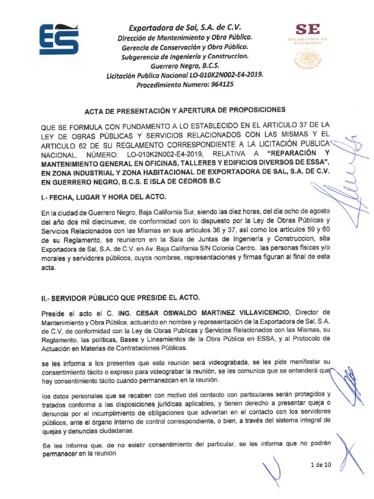 EJEMPLO Acta de Apertura E4-2019 | PDF
