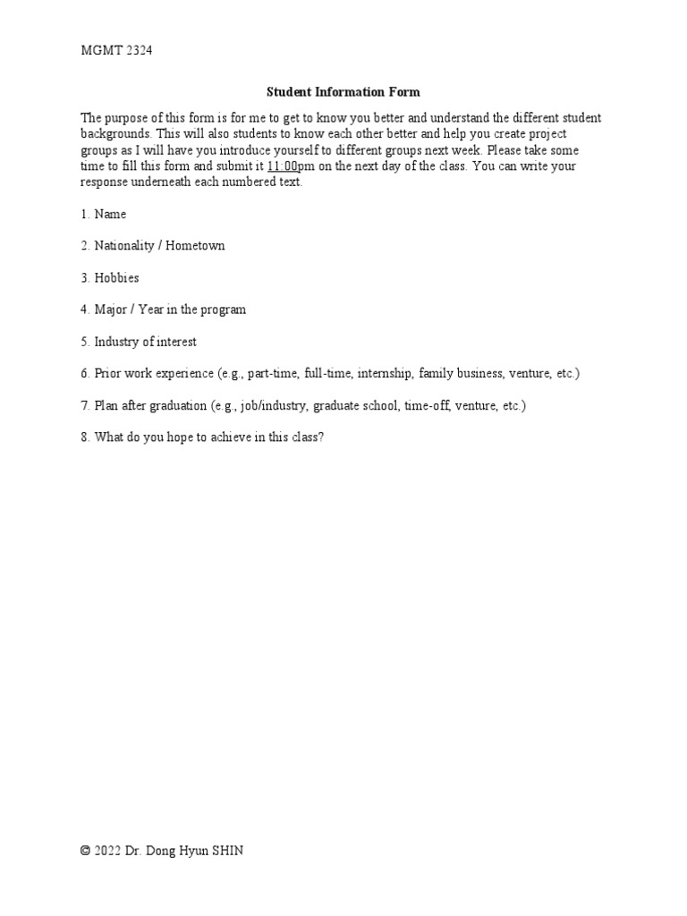 Student Information Form | PDF | Business