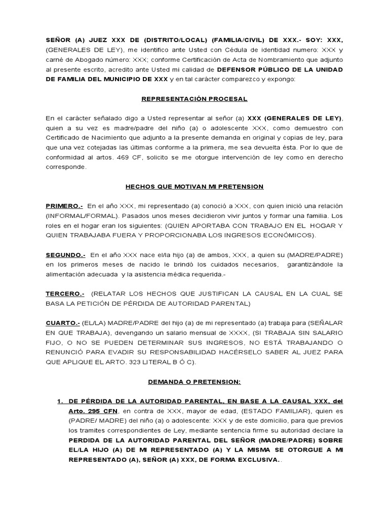 Modelo de Escrito de Perdida Autoridad Parental Nicaragua | PDF ...