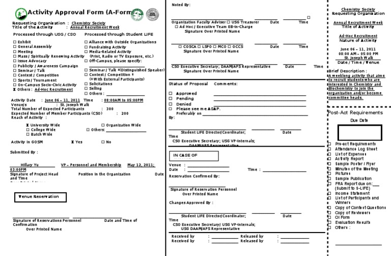 Activity Approval Form (A-Form) : Post-Act Requirements | PDF