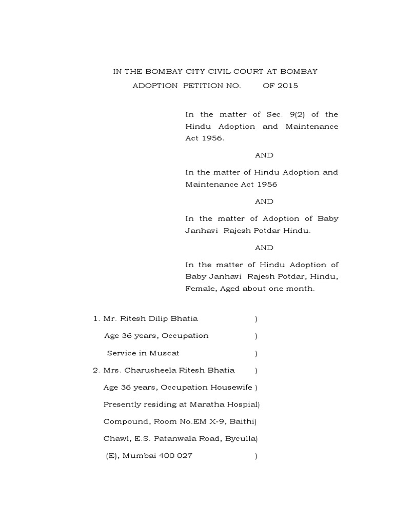 Petition for the Adoption of Baby Janhavi Rajesh Potdar by Mr. Ritesh ...