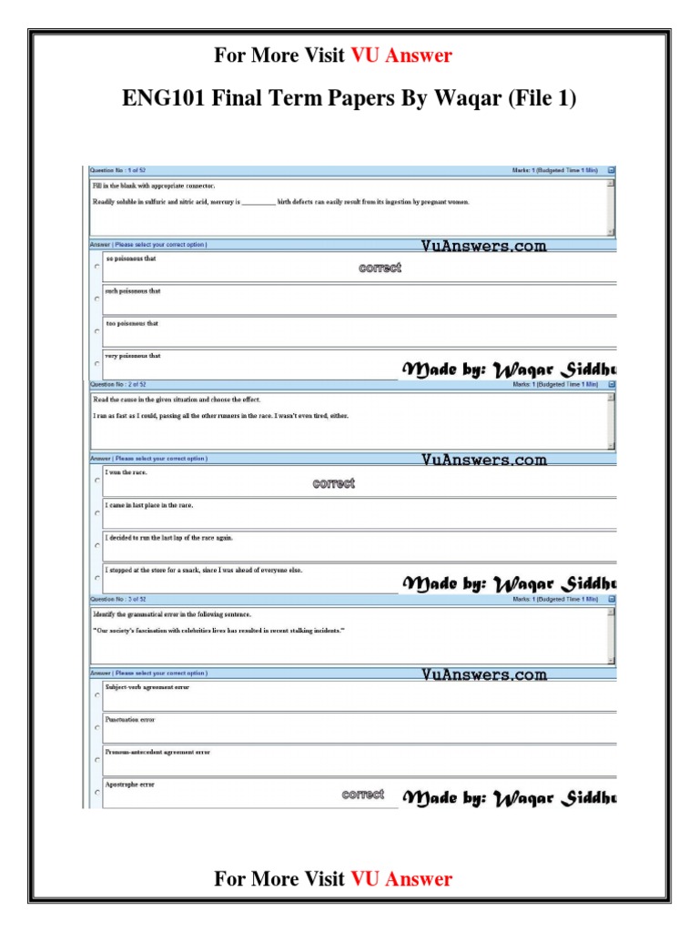 ENG101 Final Term Papers by Waqar (File 1) | PDF