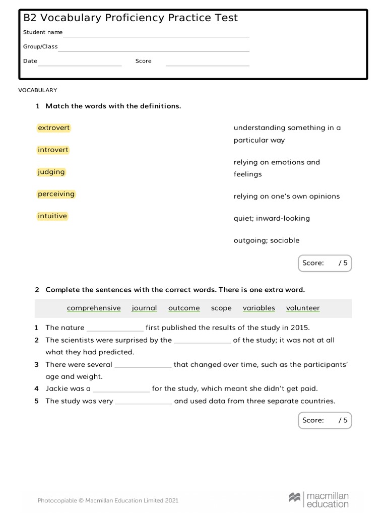 B2 Vocabulary Proficiency Practice Test and Answers | PDF ...