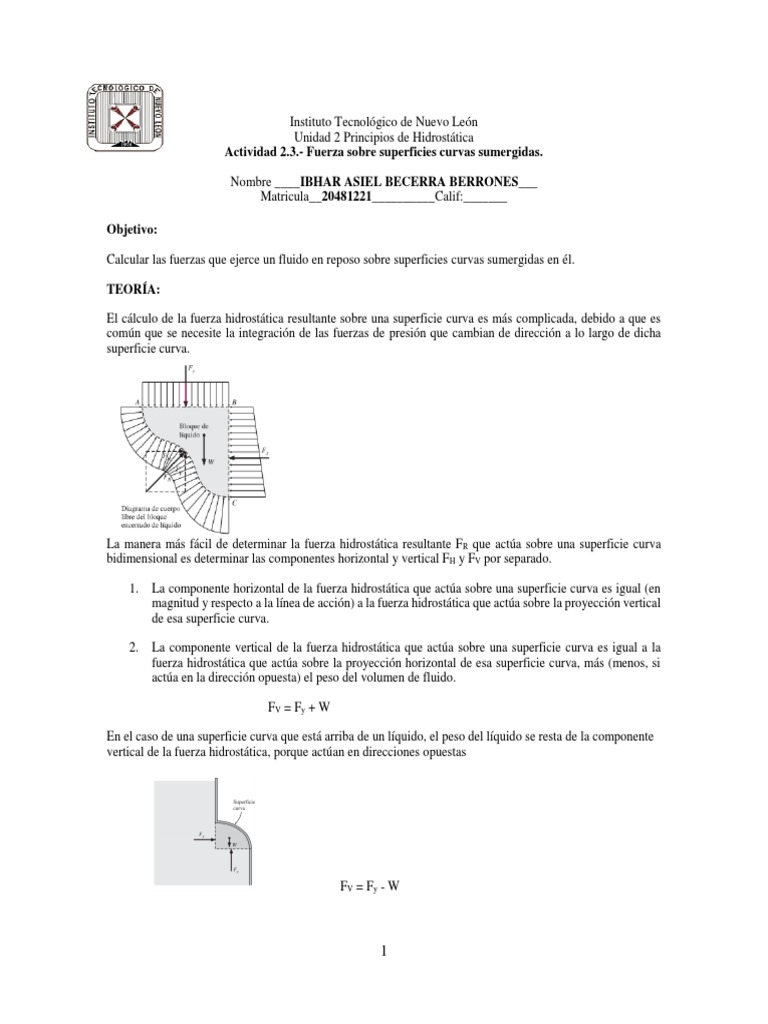 Act 2.3. - Fuerza Sobre Superficies Curvas Sumergidas | PDF | Fuerza | Presión
