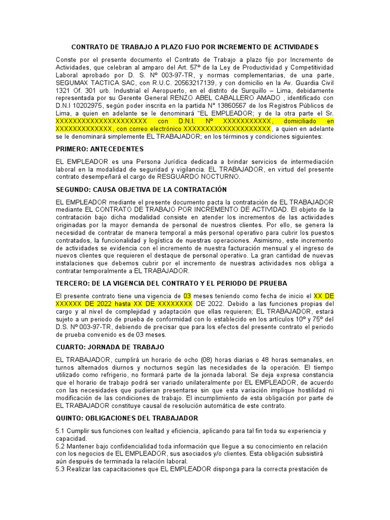 Contrato Incremento de Actividades - (Resguardo Nocturno) | PDF | Derecho laboral | Salario